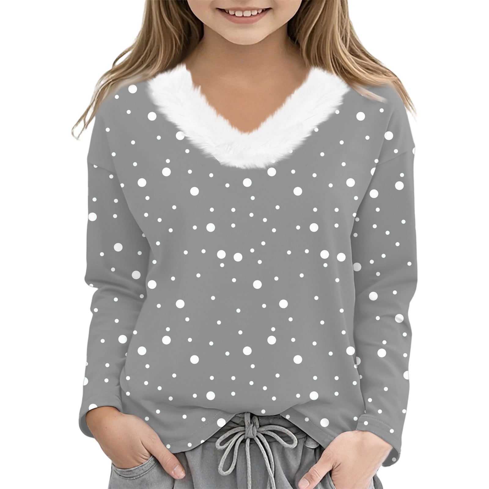 CCRFTGI Girls Long Sleeve Shirts Casual Funny Polka Dots Faux Fur Trim ...