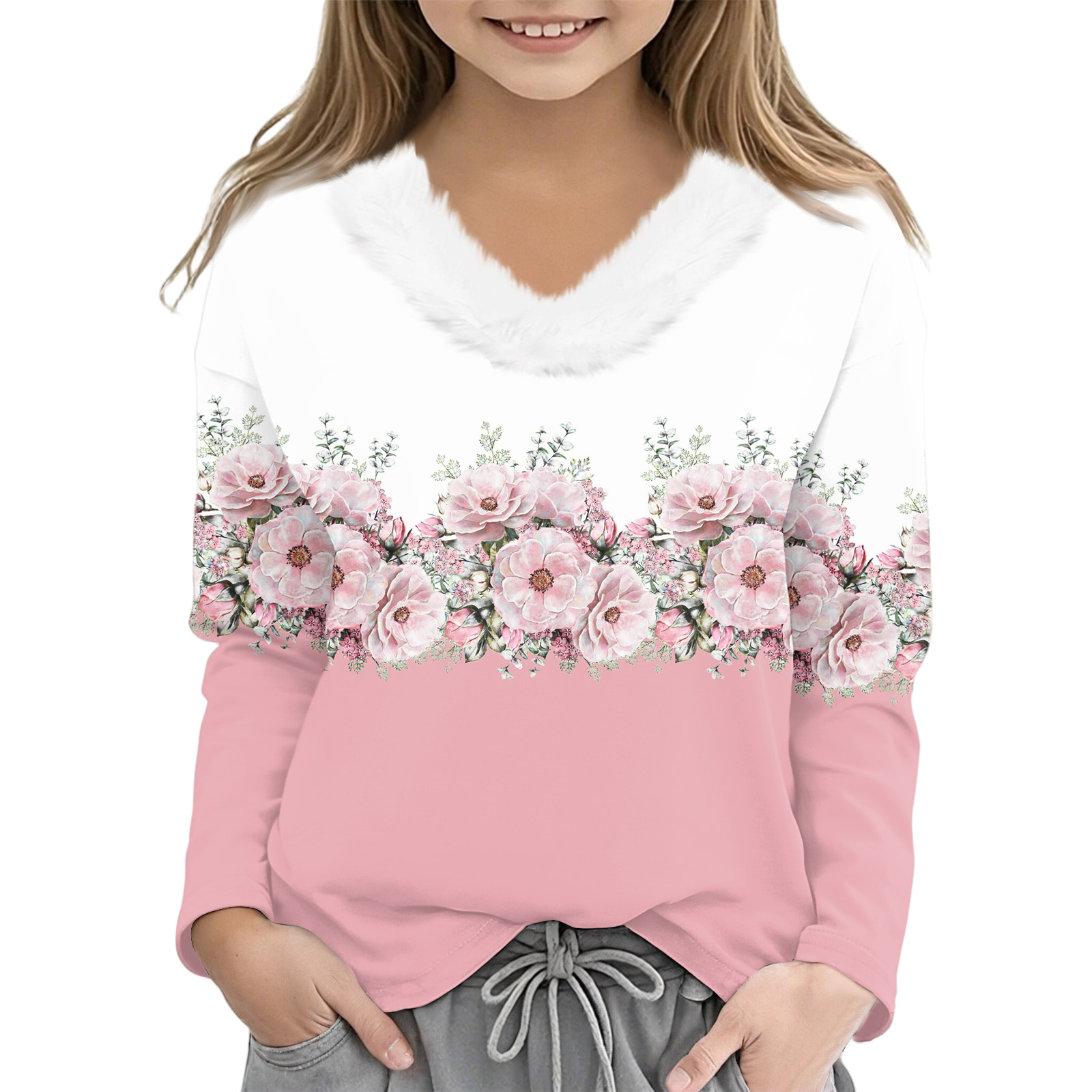 CCRFTGI Girls Long Sleeve Shirts Cute 3D Floral Print Faux Fur Trim V ...