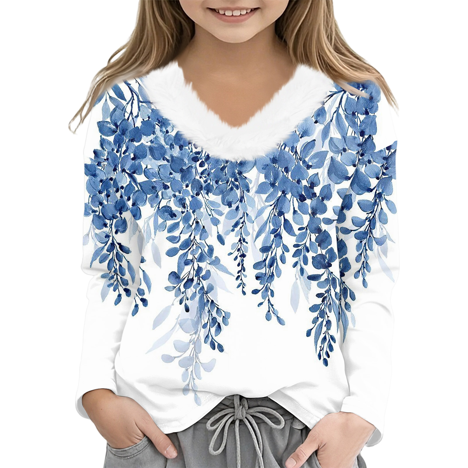CCRFTGI Girls Long Sleeve Shirts Cute 3D Floral Print Fur Trim V Neck ...