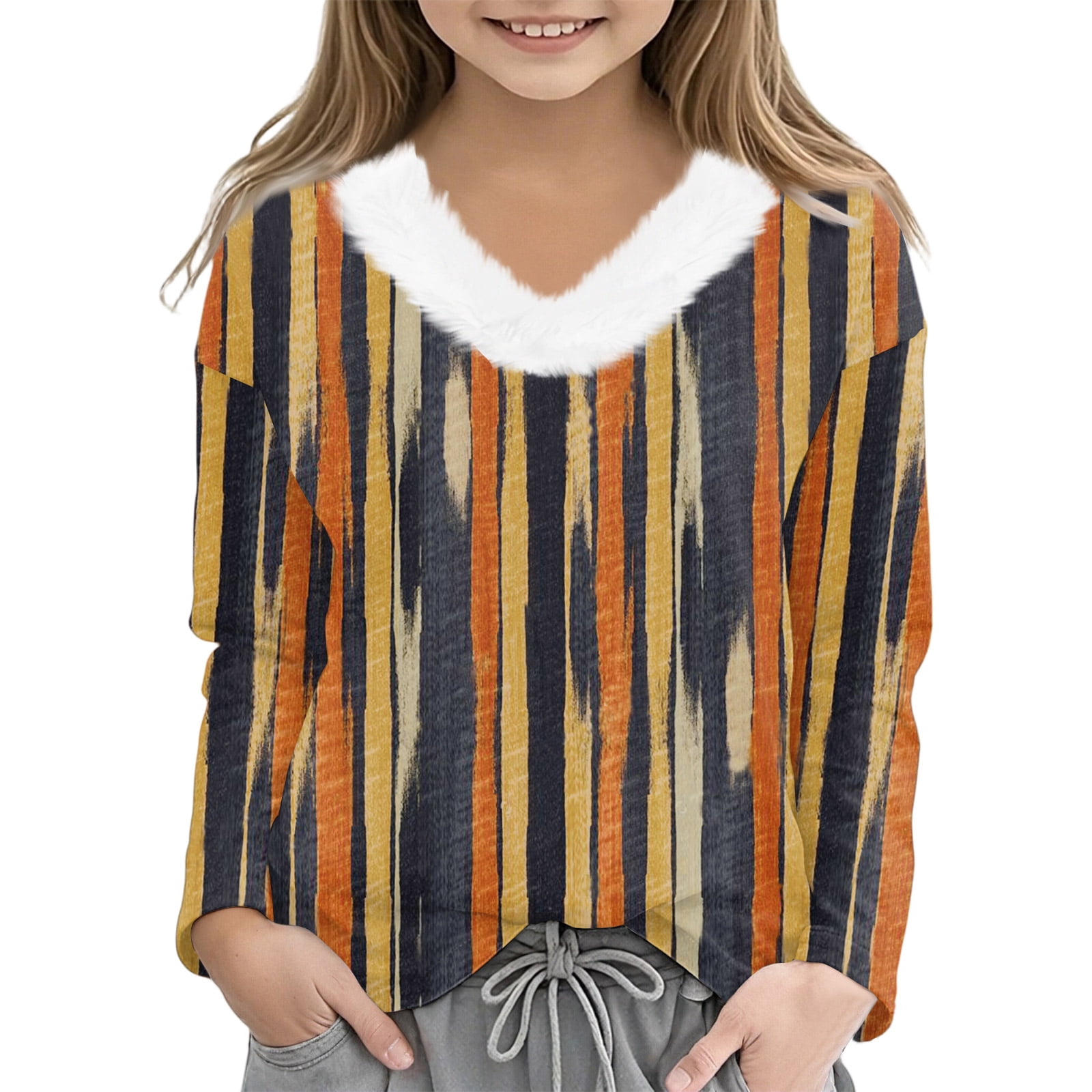 CCRFTGI Girls Long Sleeve Shirts Cute 3D Striped Print Faux Fur Trim V ...