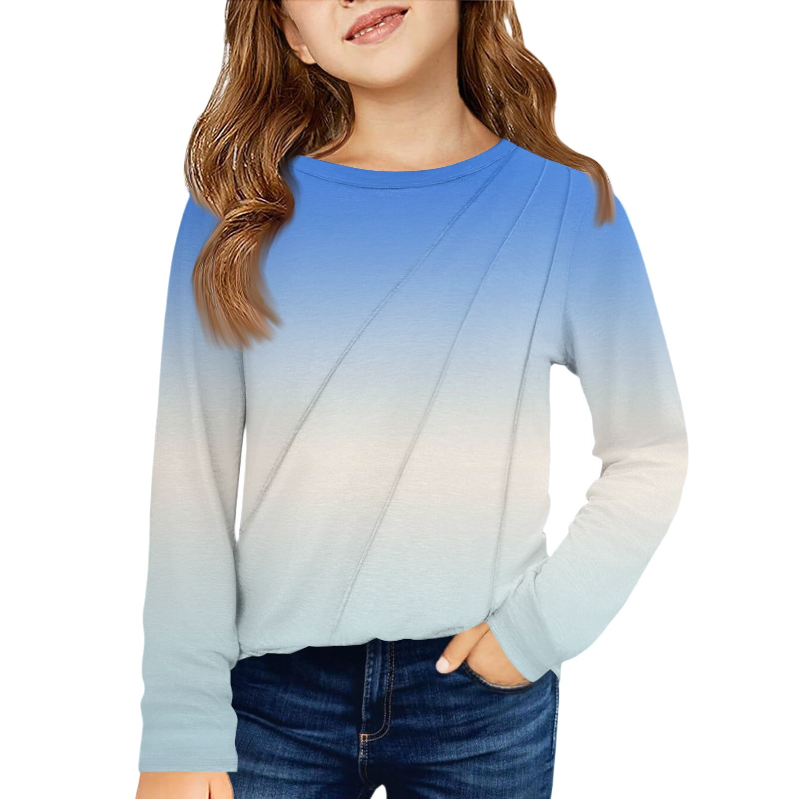 CCRFTGI Girls Long Sleeve Shirts Round Neck Gradient Basic Layering T ...