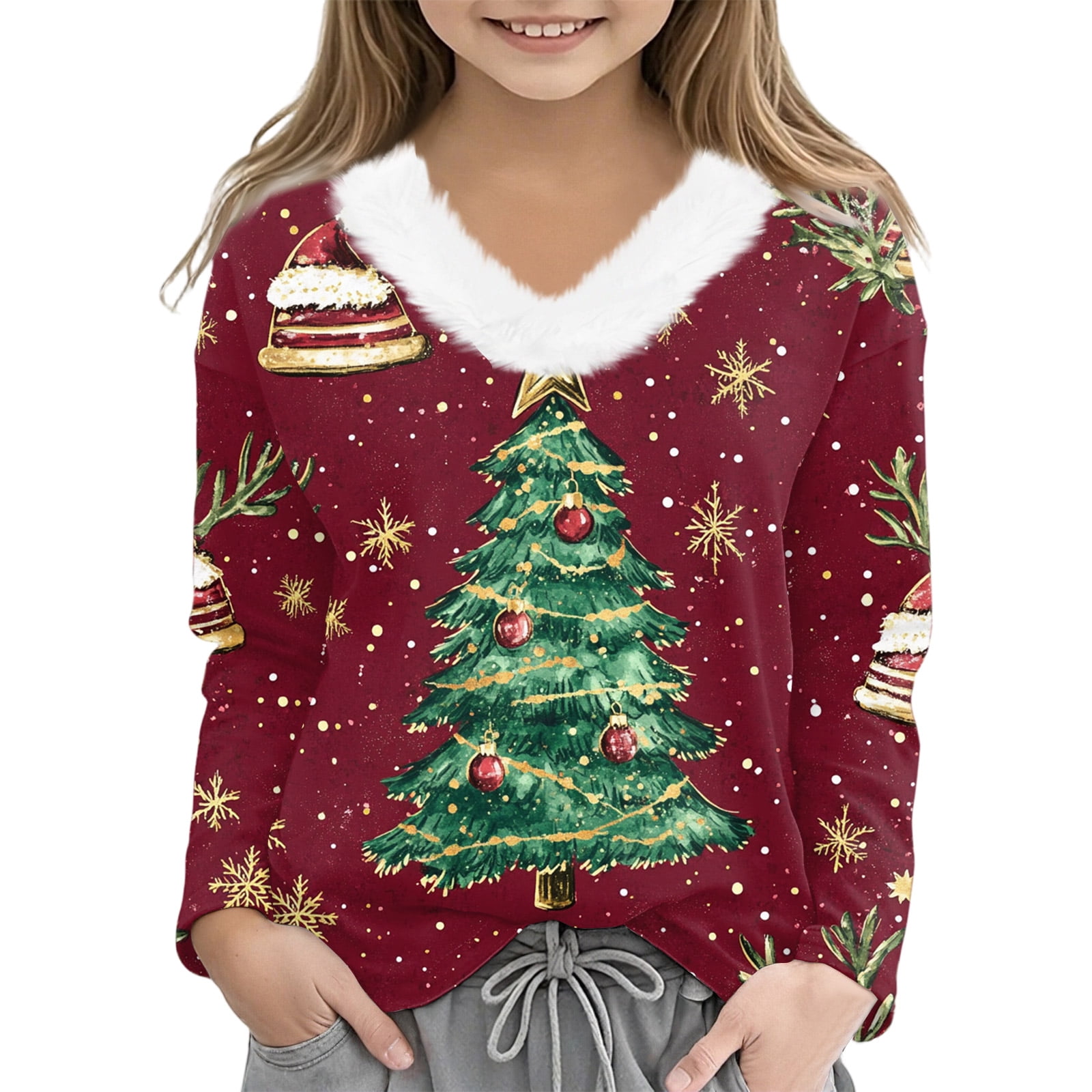 CCRFTGI Girls Long Sleeve Shirts Size 10-12 Casual Funny Xmas Tree ...