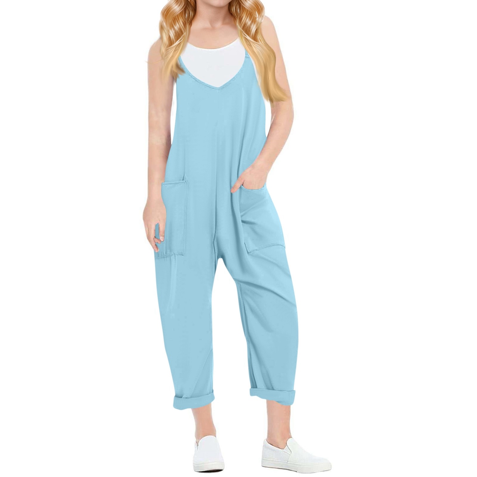 CCRFTGI Girls Sky Blue Jumpsuit Spaghetti Strap V-Neck Rompers for ...