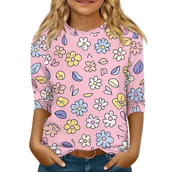 CCRFTGI Girls Tops 12-14 3/4 Length Sleeve Lovely Floral Prints Basic ...