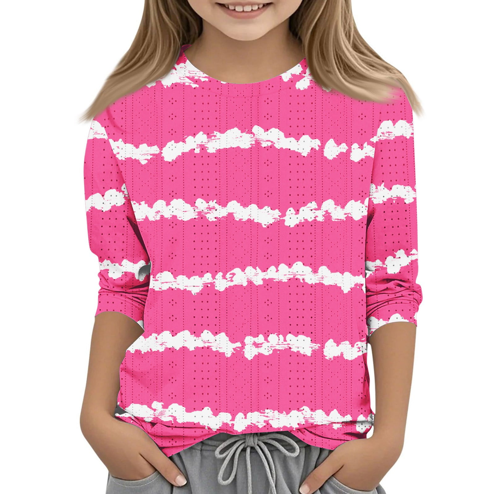 CCRFTGI Hot Pink Shirts for Teens Jacquard Textured 3/4 Length Sleeve ...