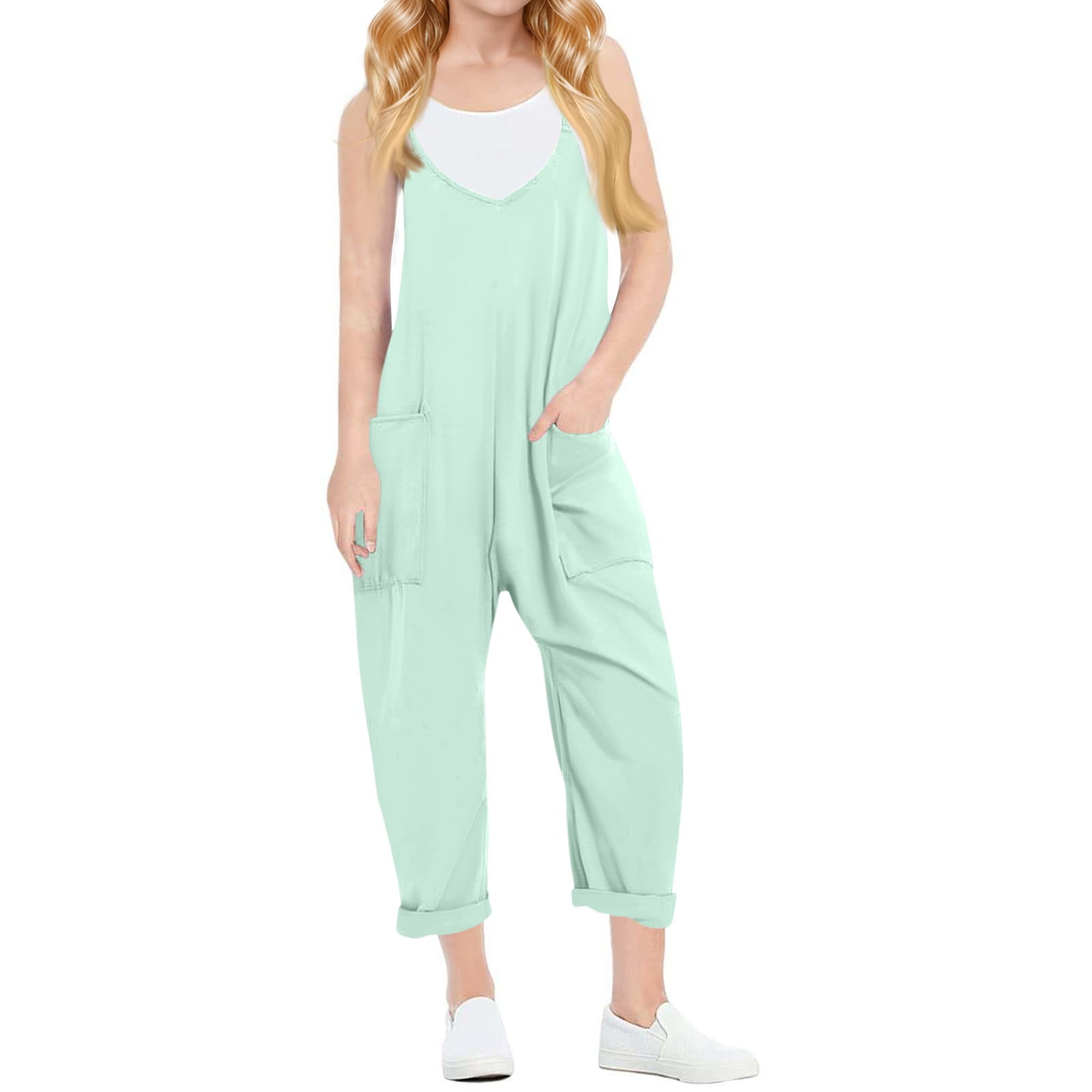 CCRFTGI Jumpsuit Girls Loose Spaghetti Strap Rompers for Teen Girls ...