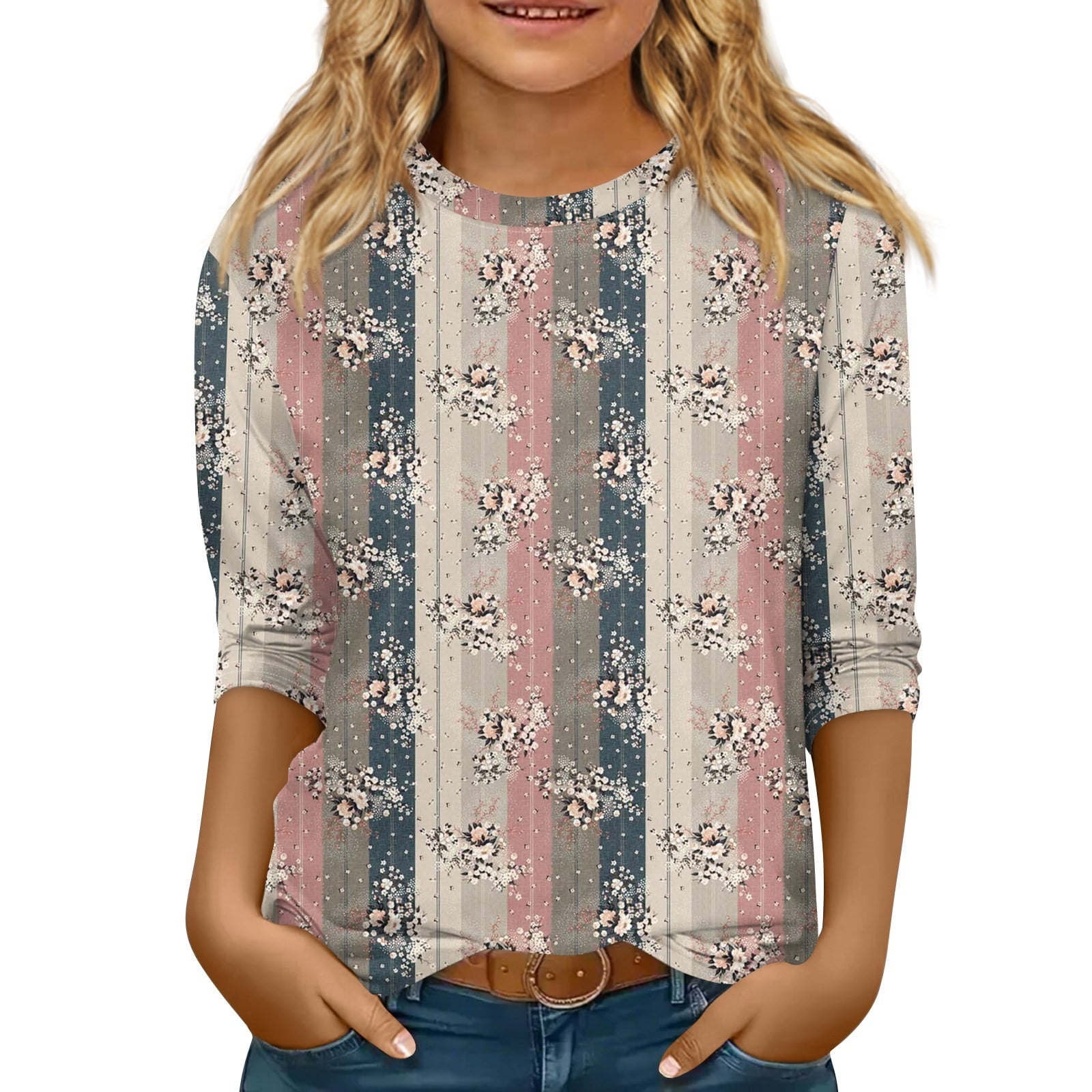 CCRFTGI Light Gray 3/4 Sleeve Shirts for Girls Cute Floral Graphic ...