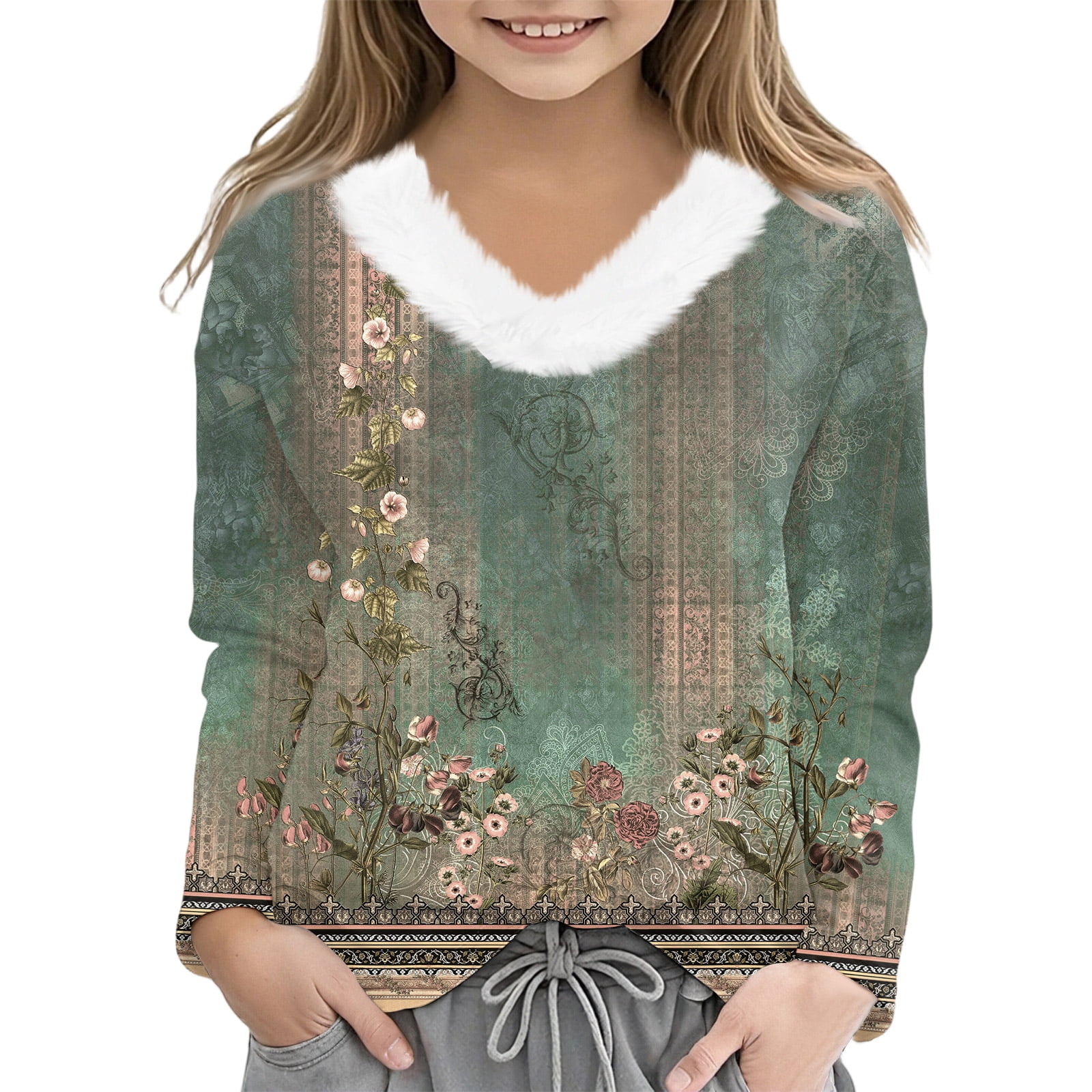 CCRFTGI Long Sleeve Girls T-Shirts Cute 3D Western Ethnic Style Fur ...