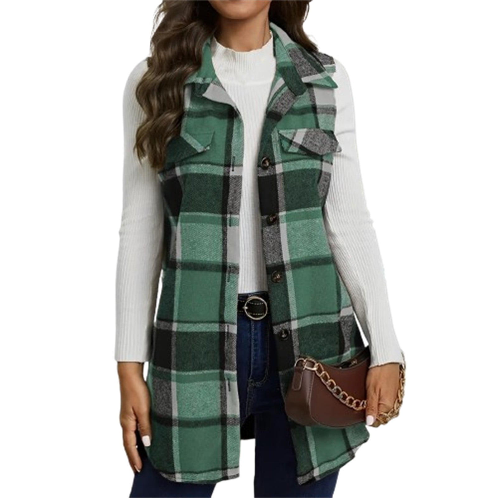 CCRFTGI Long Vest for Women Sleeveless Flannel Plaid Tweed Shacket ...