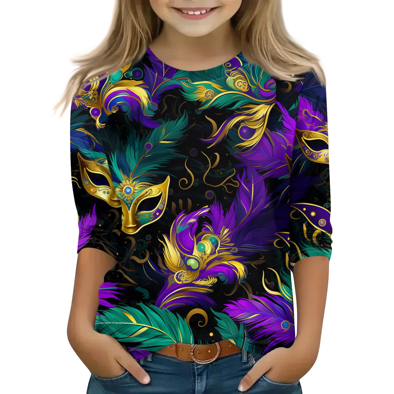 CCRFTGI Mardi Gras 3/4 Sleeve Shirt for Child Girls Size 7 Cute Mask ...