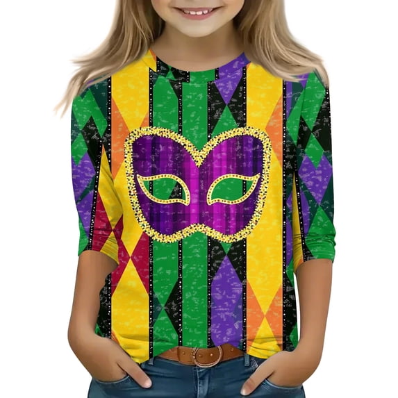 CCRFTGI Mardi Gras 3/4 Sleeve Shirt for Child Girls Size 7 Funny Mask ...