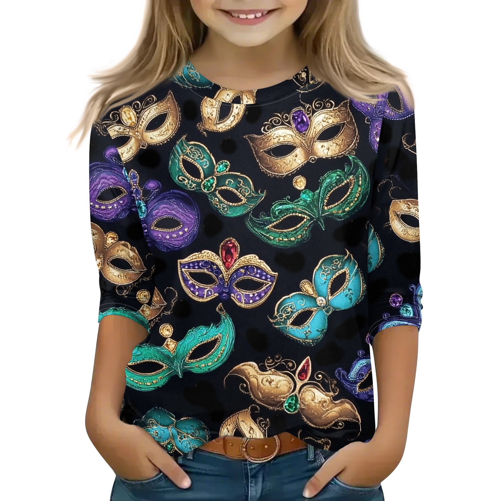CCRFTGI Mardi Gras 3/4 Sleeve Shirt for Child Girls Size 8 Funny Mask ...