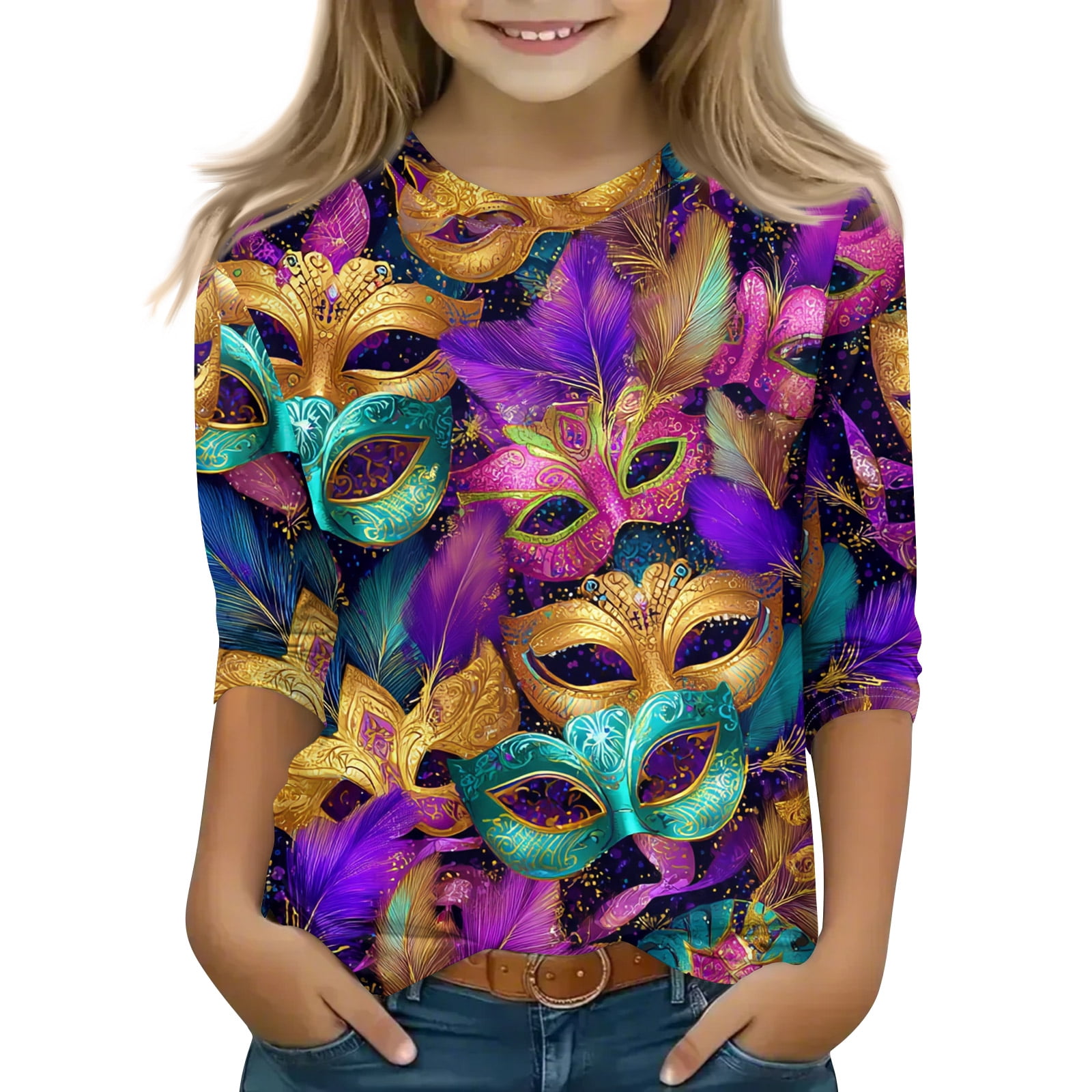 CCRFTGI Mardi Gras 3/4 Sleeve Shirt for Kids Girls 10-12 Cute Mask ...
