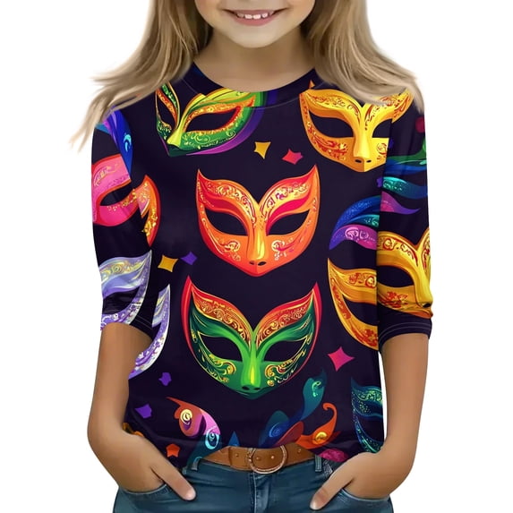 CCRFTGI Mardi Gras 3/4 Sleeve Shirt for Kids Girls 10-12 Funny Mask ...