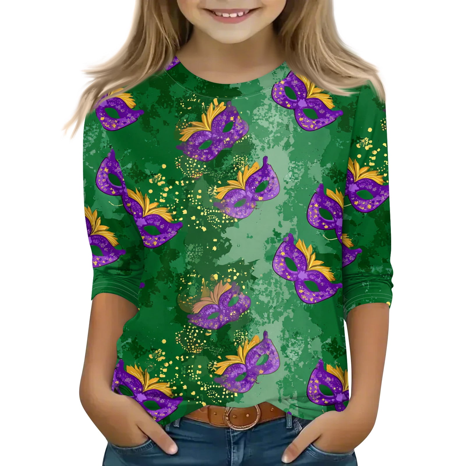 CCRFTGI Mardi Gras 3/4 Sleeve Shirt for Kids Girls Size 7 Funny Costume ...