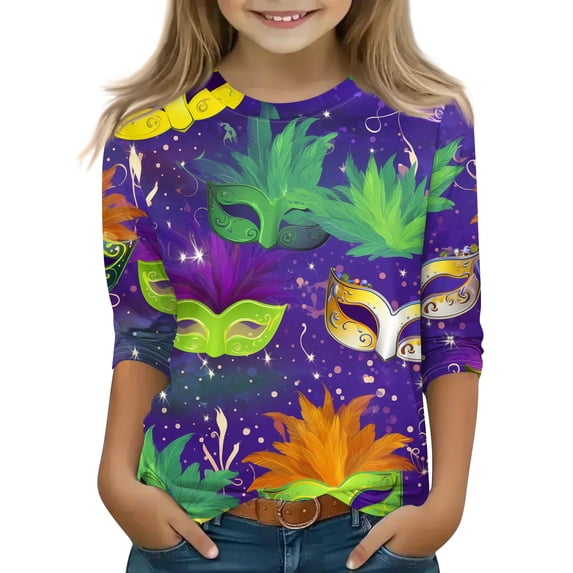 CCRFTGI Mardi Gras 3/4 Sleeve Shirt for Kids Girls Size 7 Funny Mask ...