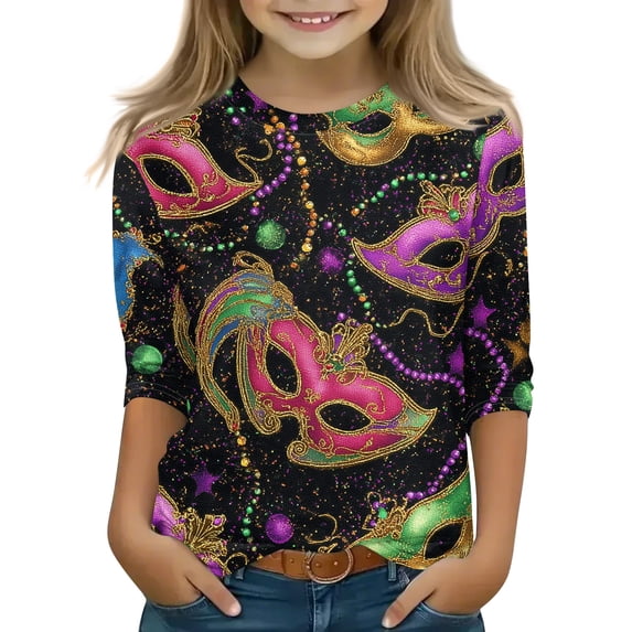 CCRFTGI Mardi Gras 3/4 Sleeve Shirt for Child Girls Size 7 Cute Mask ...