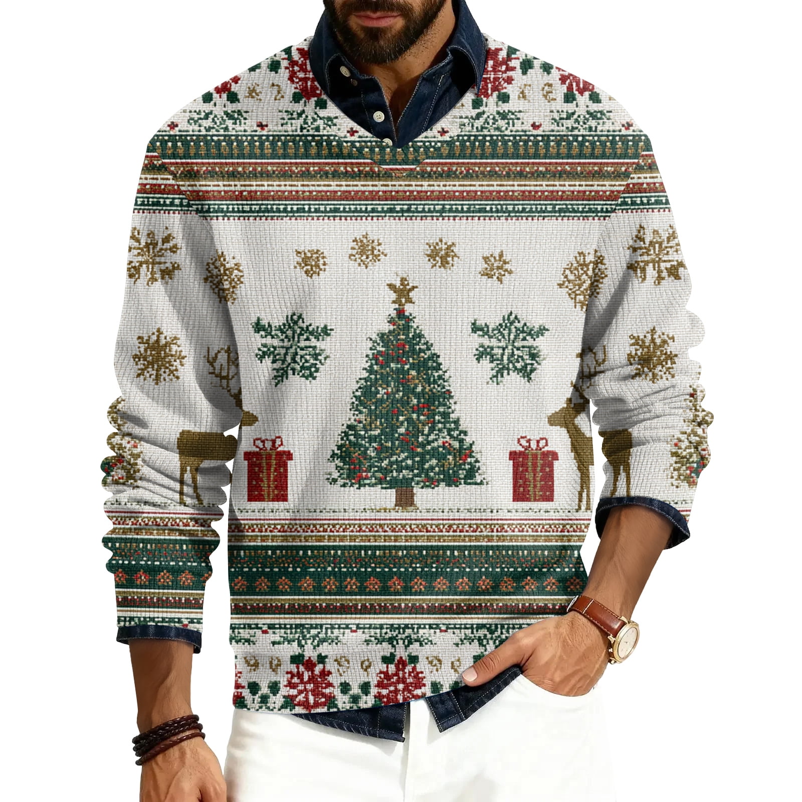 CCRFTGI Mens Sweaters 2025 Fall Casual Ribbed Xmas Tree Reindeer Print ...