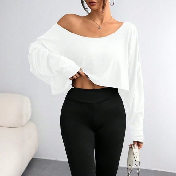 CCRFTGI Off the Shoulder Tops for Women Long Sleeve Sexy Crop Top Boat ...