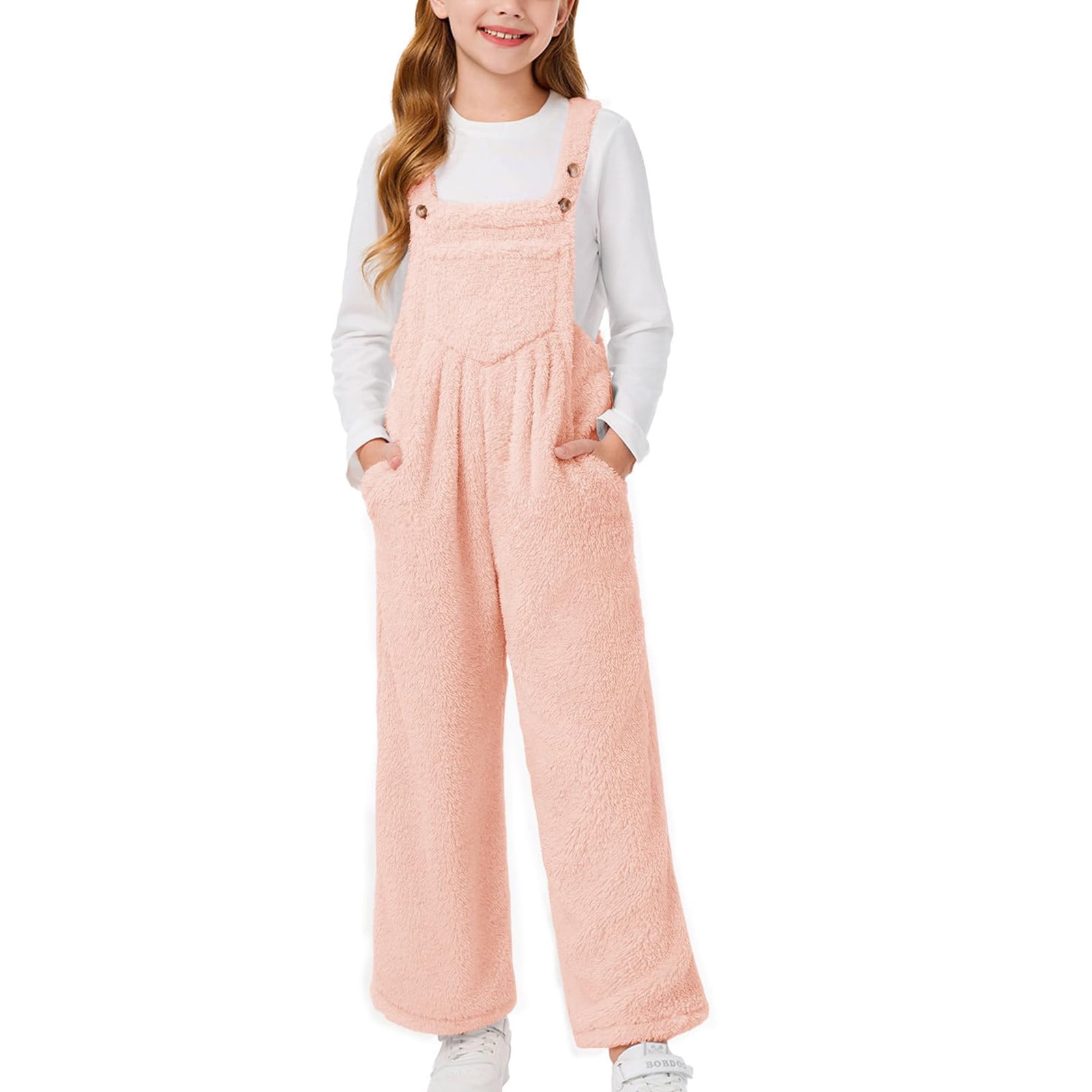 CCRFTGI Pink Jumpsuit Girls Fall Winter Button Straps Fleece Overalls ...