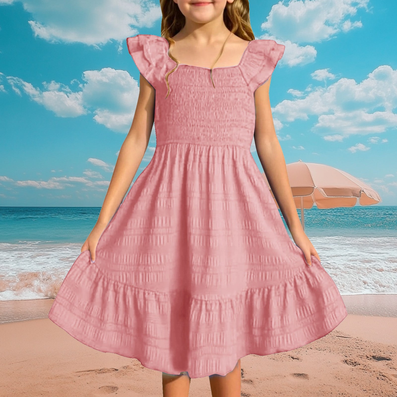 CCRFTGI Pink Tween Girls Dresses Size 5-6 Summer Ruffle Sleeve Dress ...