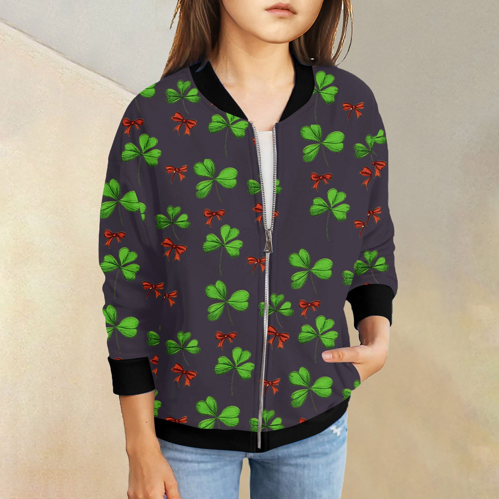 Ccrftgi Saint Patricks Coat Girls Size 11 12 Festival Bow Shamrock Print Jackets Lightweight