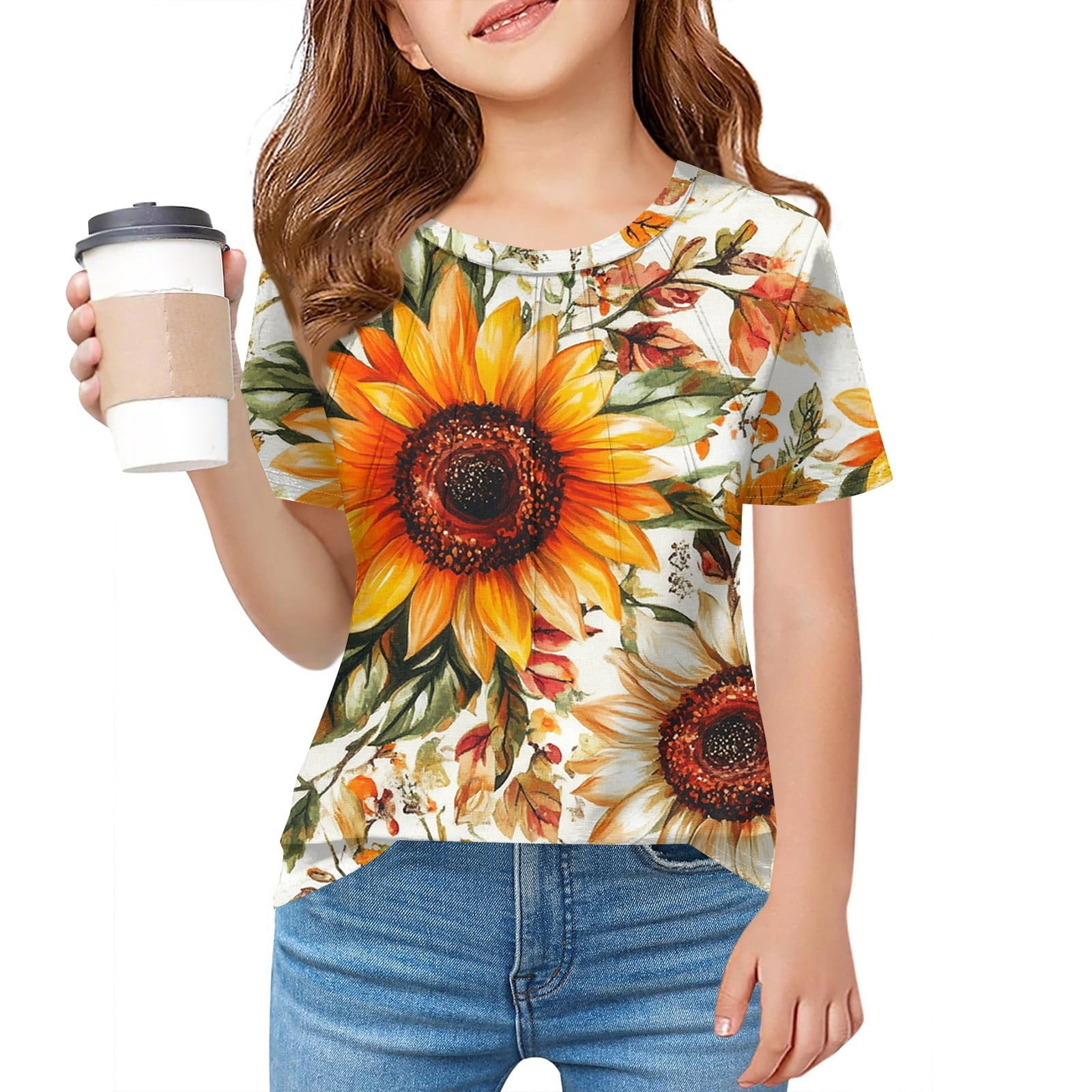 CCRFTGI Shirts for Teens Cute Pleated Crew Neck T Shirts 2025 Summer Saffron Shirt Sunflower ...