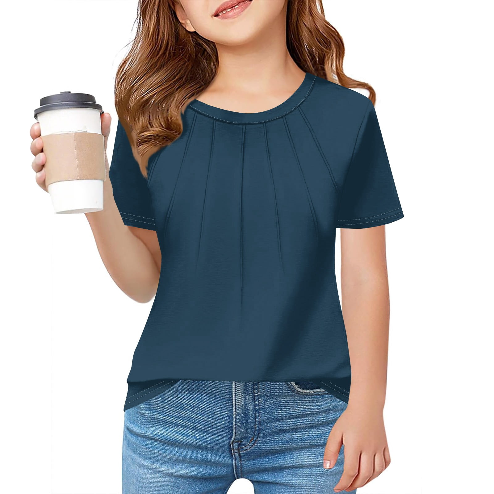 CCRFTGI Shirts for Teens Cute Pleated Crew Neck Tshirt 2025 Summer Sky ...