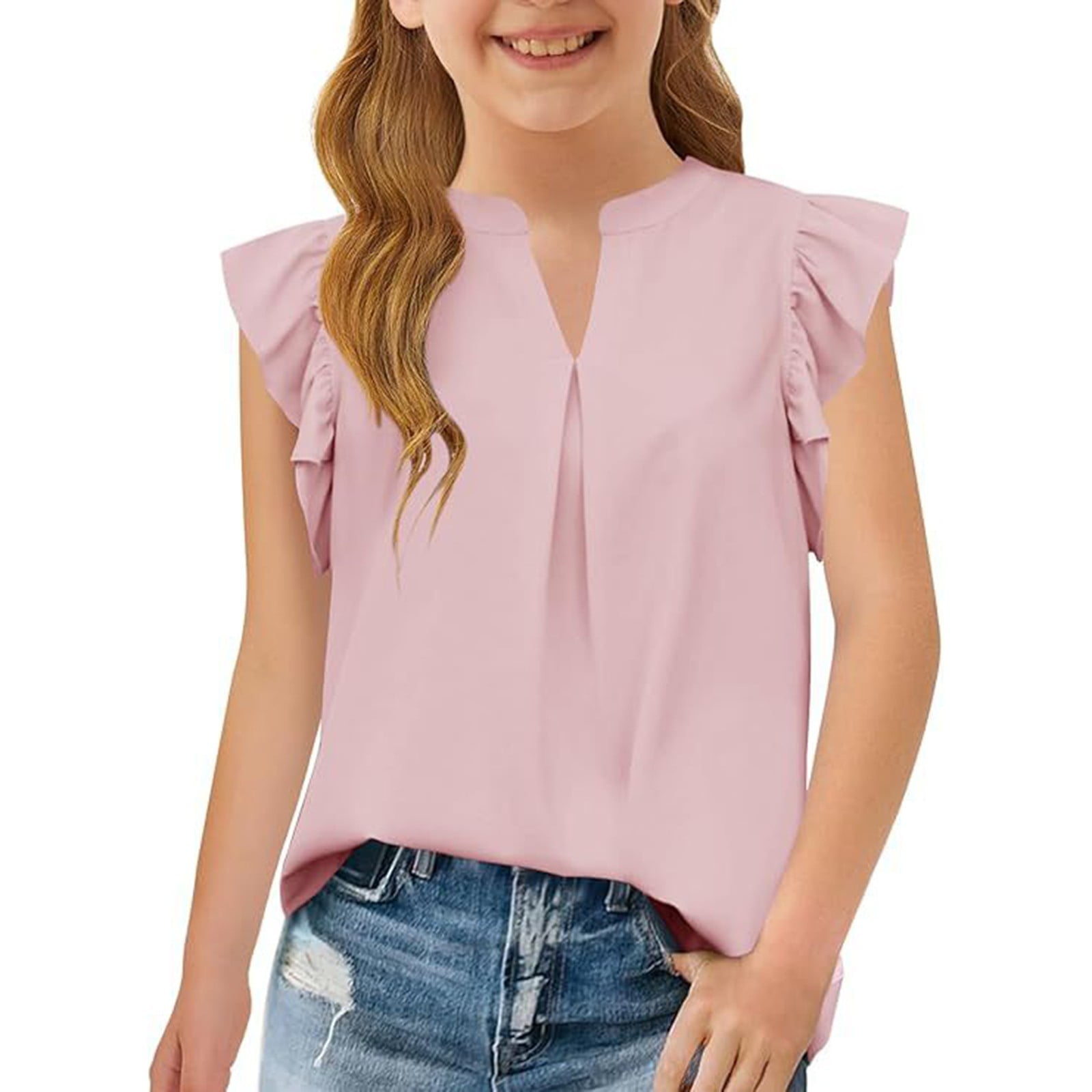 CCRFTGI Shirts for Teens Cute Ruffle Tshirt V Neck Pink T Shirts 2025 ...