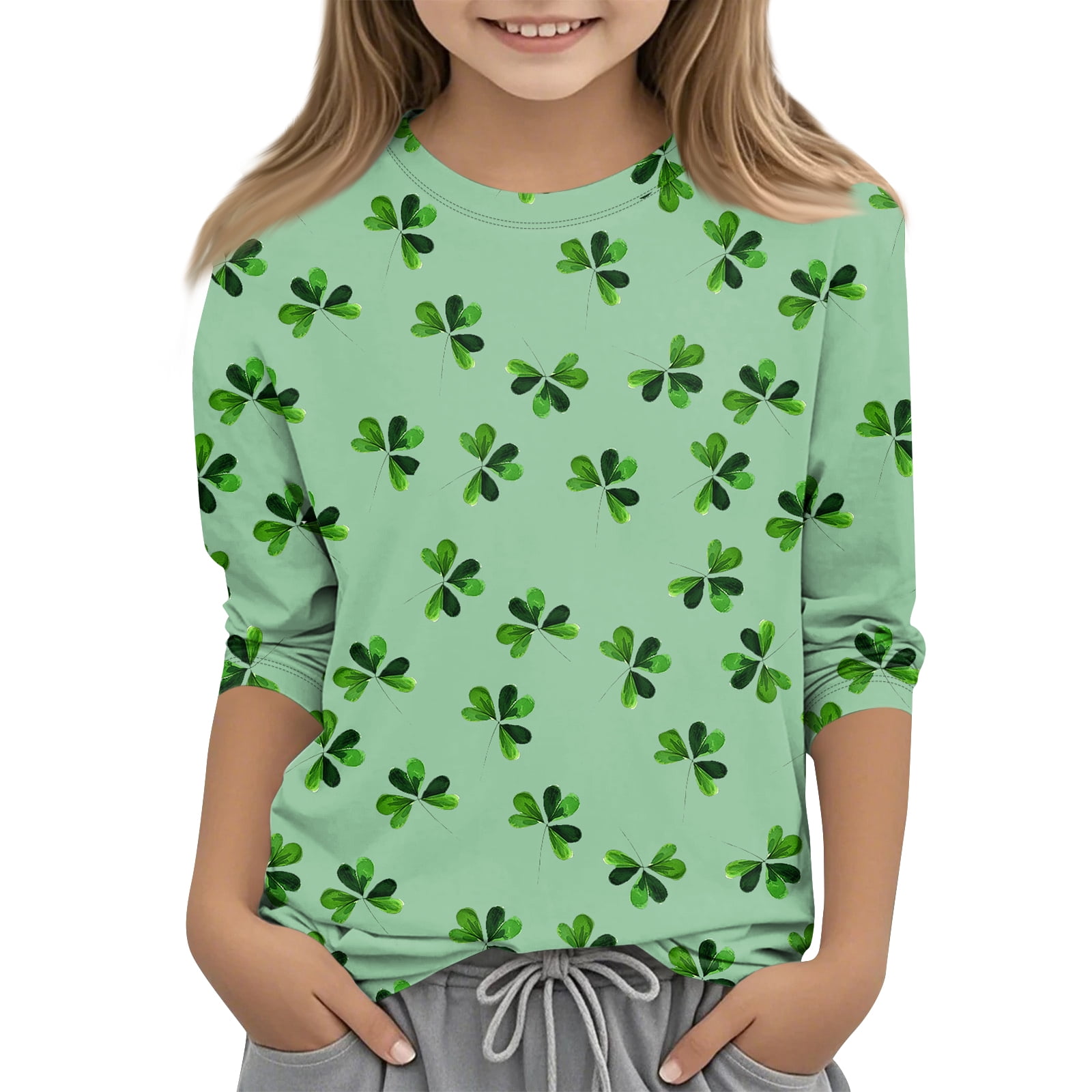 CCRFTGI St. Patrick's Day 3/4 Sleeve Girls Tops 10-12 Cute Shamrock ...
