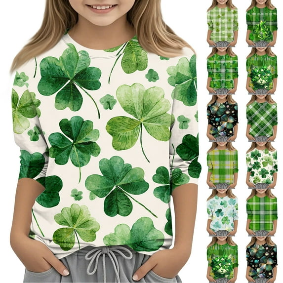 CCRFTGI St. Patrick's Day 3/4 Sleeve Girls Tops Size 6-7 Cute Lucky ...