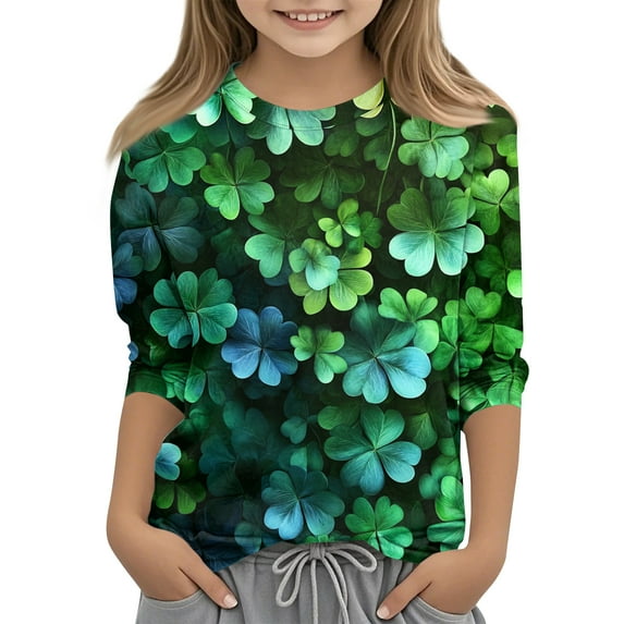 CCRFTGI St. Patrick's Day 3/4 Sleeve Girls Tops Size 6-7 Funny Lucky ...
