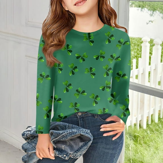 CCRFTGI St Patrick's Day Girls Long Sleeve Shirts Fashion Clover ...