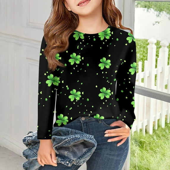 CCRFTGI St Patrick's Day Girls Long Sleeve Shirts Funny Shamrocks ...