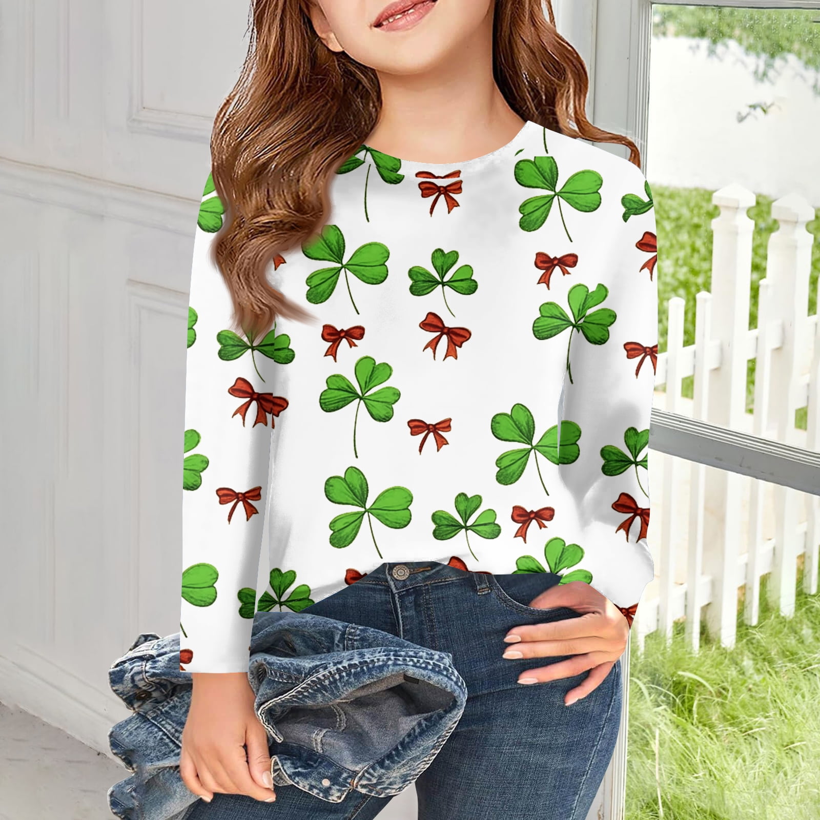 CCRFTGI St. Patrick's Day Girls Long Sleeve Shirts Lucky Bow Shamrock ...
