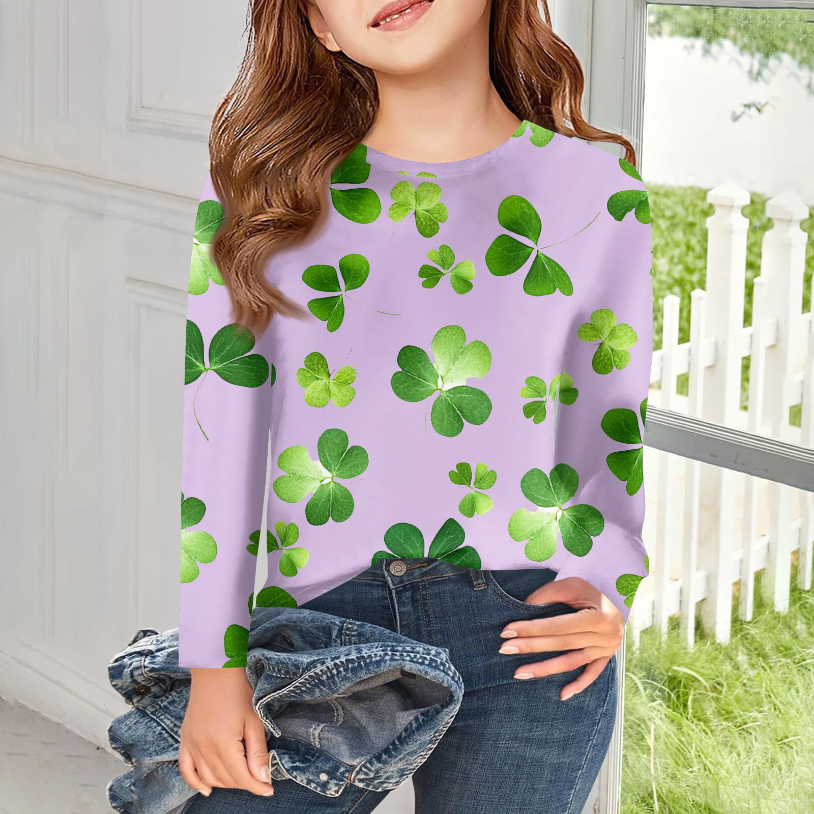 CCRFTGI St. Patrick's Day Girls Long Sleeve Shirts Lucky Irish Clover ...