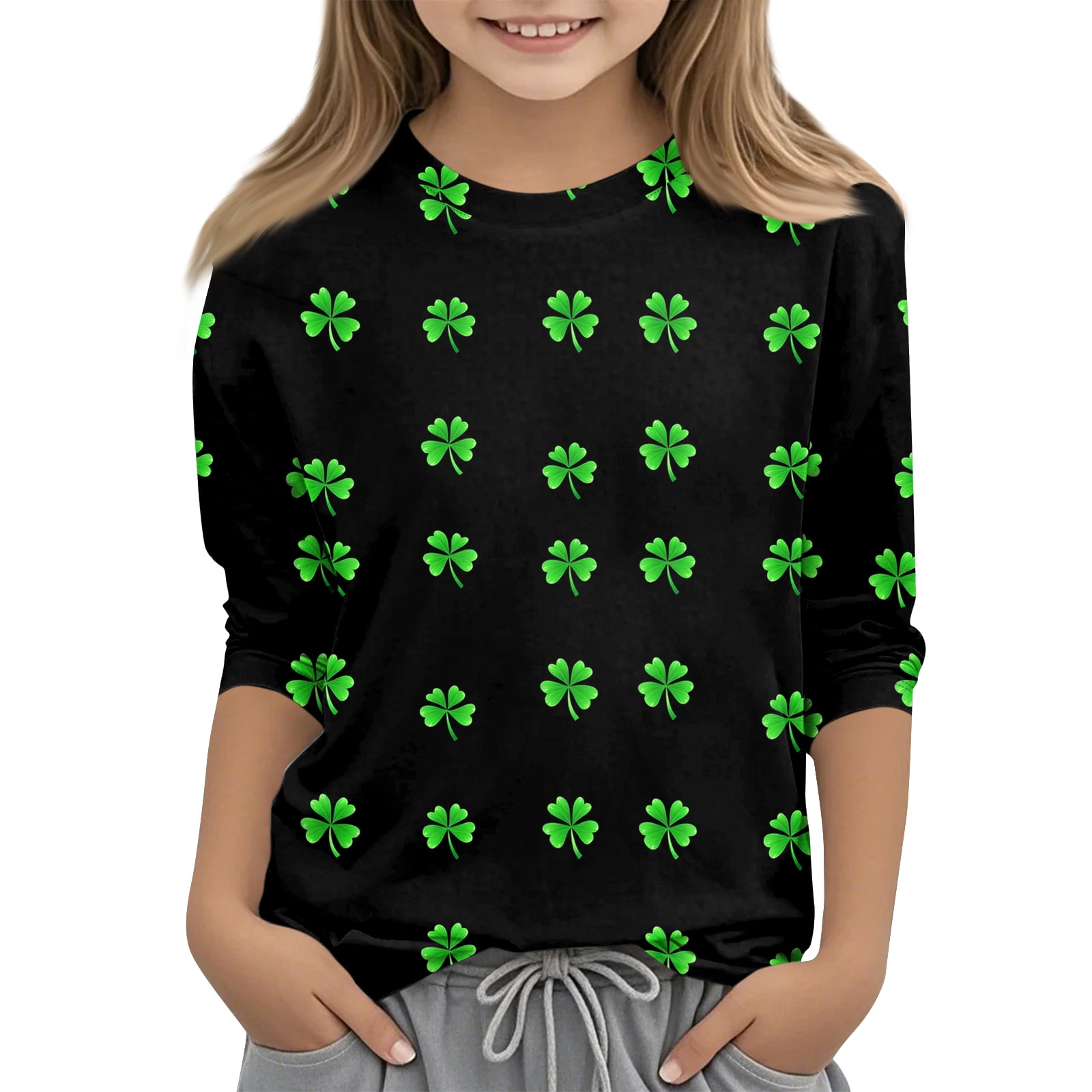 CCRFTGI St. Patrick's Day Girls Tops Size 6-7 3/4 Sleeve Funny shamrock ...