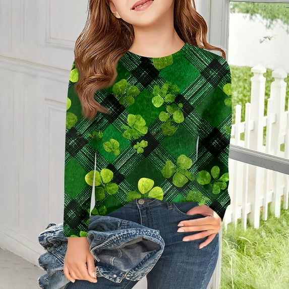 CCRFTGI St. Patrick's Day Long Sleeve Girls T-Shirts Lucky Irish Clover ...