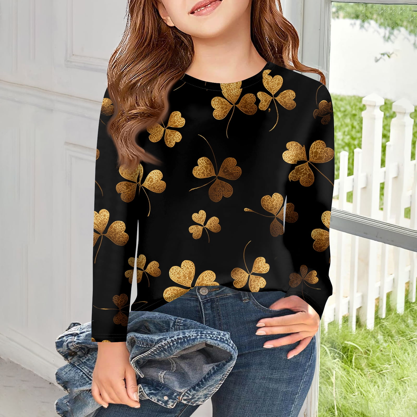 CCRFTGI St. Patrick's Day Long Sleeve Girls T-Shirts Lucky Shamrock ...