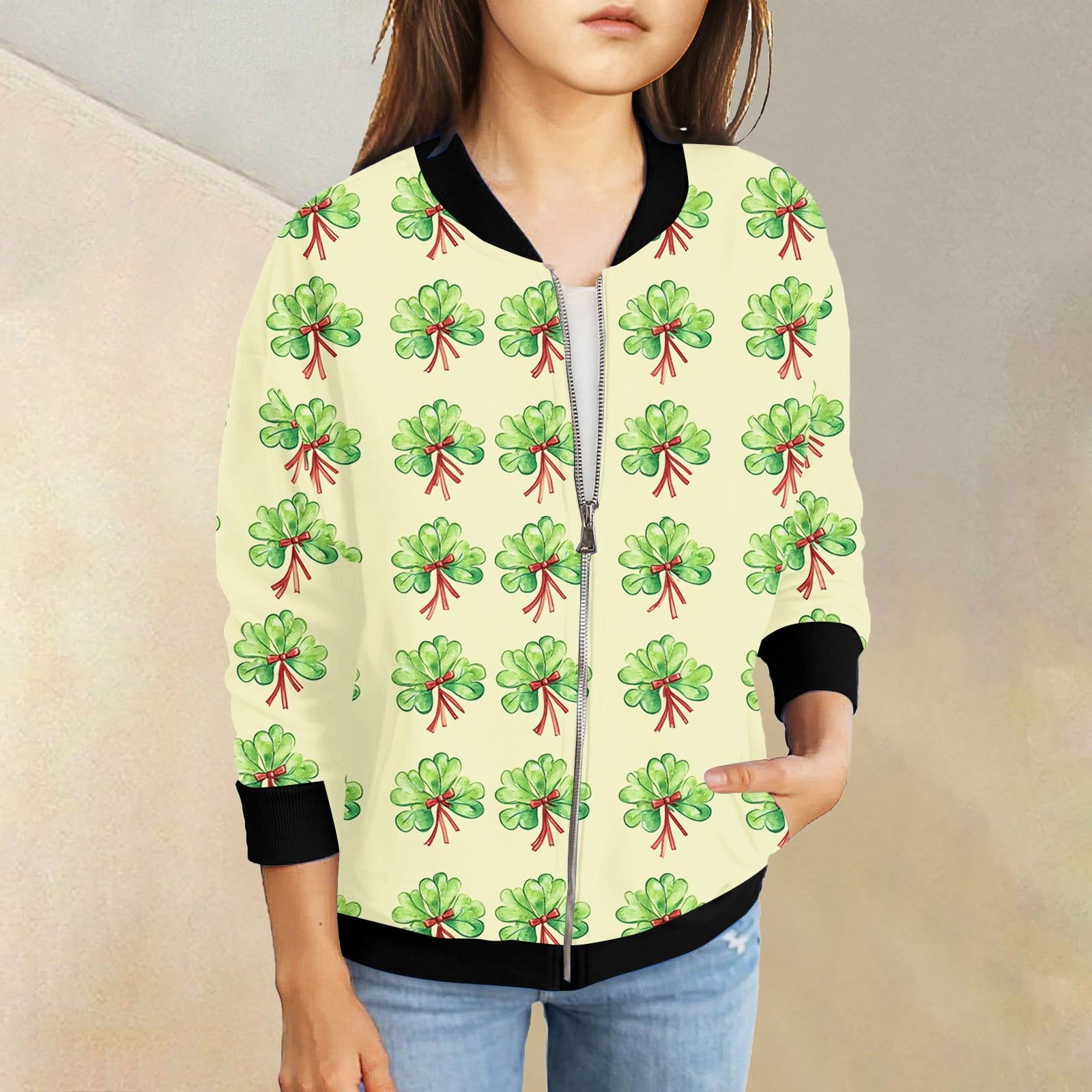 Ccrftgi St Patricks Coat For Girls Size 14 15 Irish Zip Up Jacket Vintage Green Shamrock Graphic