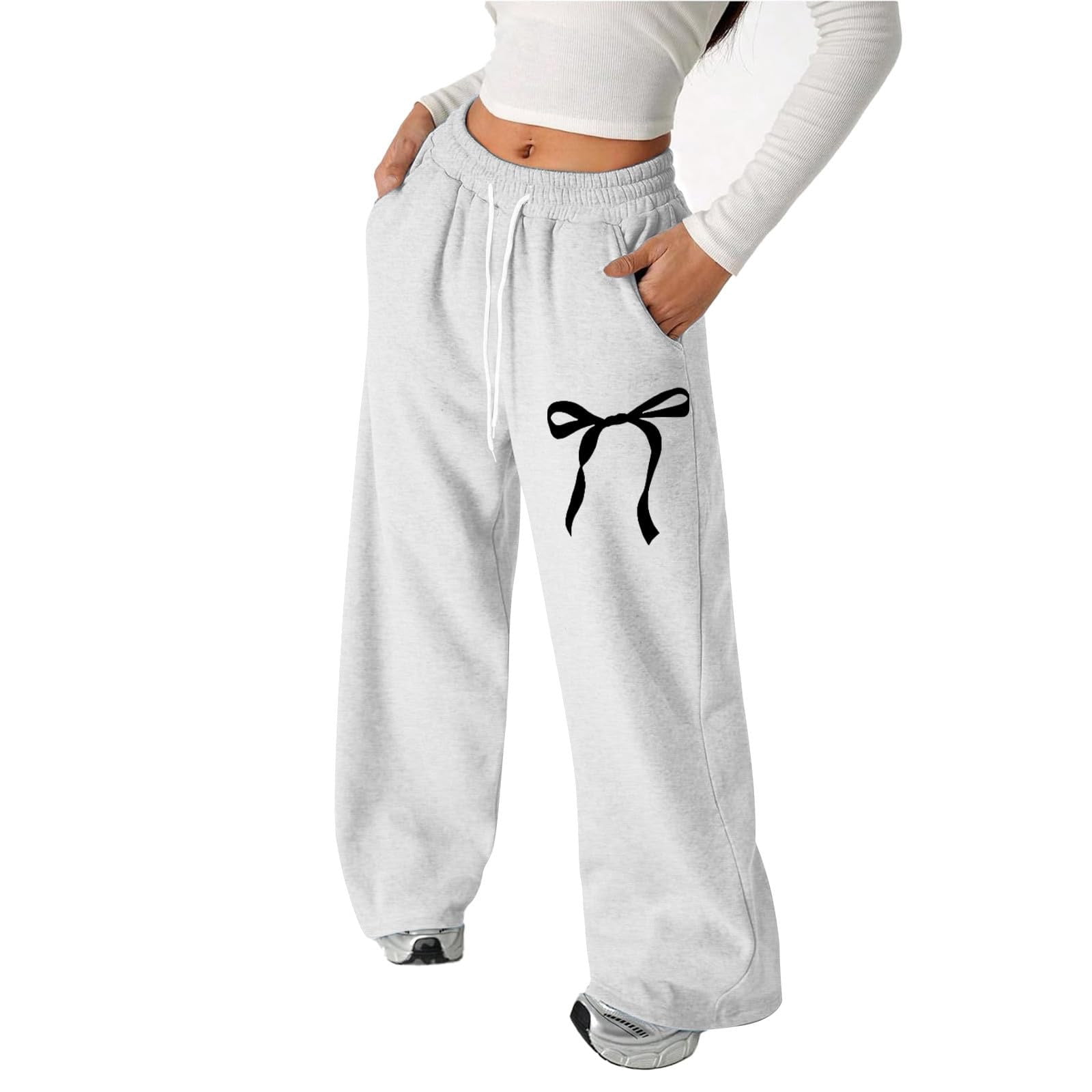 CCRFTGI Sweatpants for Girls Baggy Cute Bownot Wide Leg Elastic Waist ...