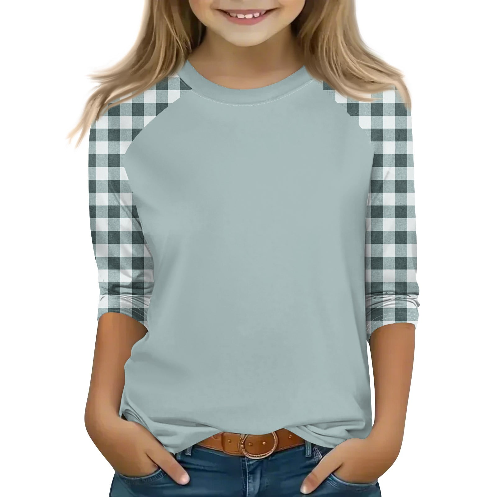 CCRFTGI Top for Girls Cute Light Blue Raglan 3/4 Sleeve Shirt 2025 ...