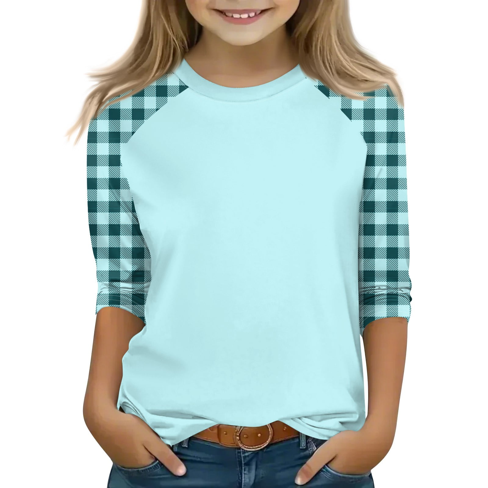 CCRFTGI Top for Girls Cute Sky Blue Raglan 3/4 Sleeve Shirts 2025 ...