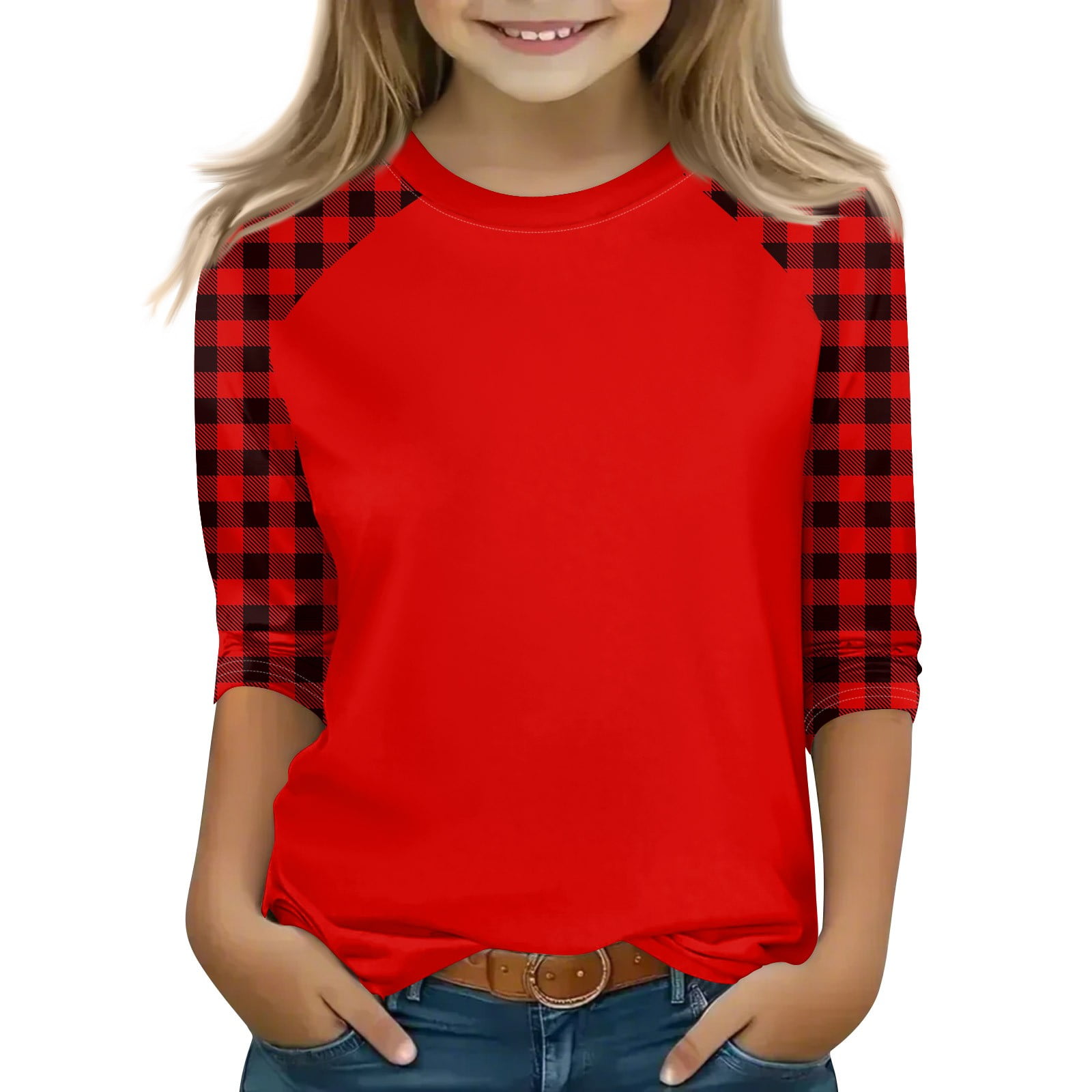 CCRFTGI Top for Girls Cute Red Raglan 3/4 Sleeve Shirt 2025 Summer ...
