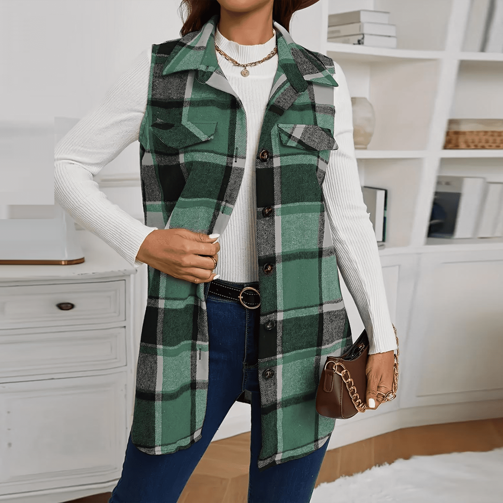CCRFTGI Women's Vests Flannel Plaid Tweed Shacket Casual Lapel Neck ...