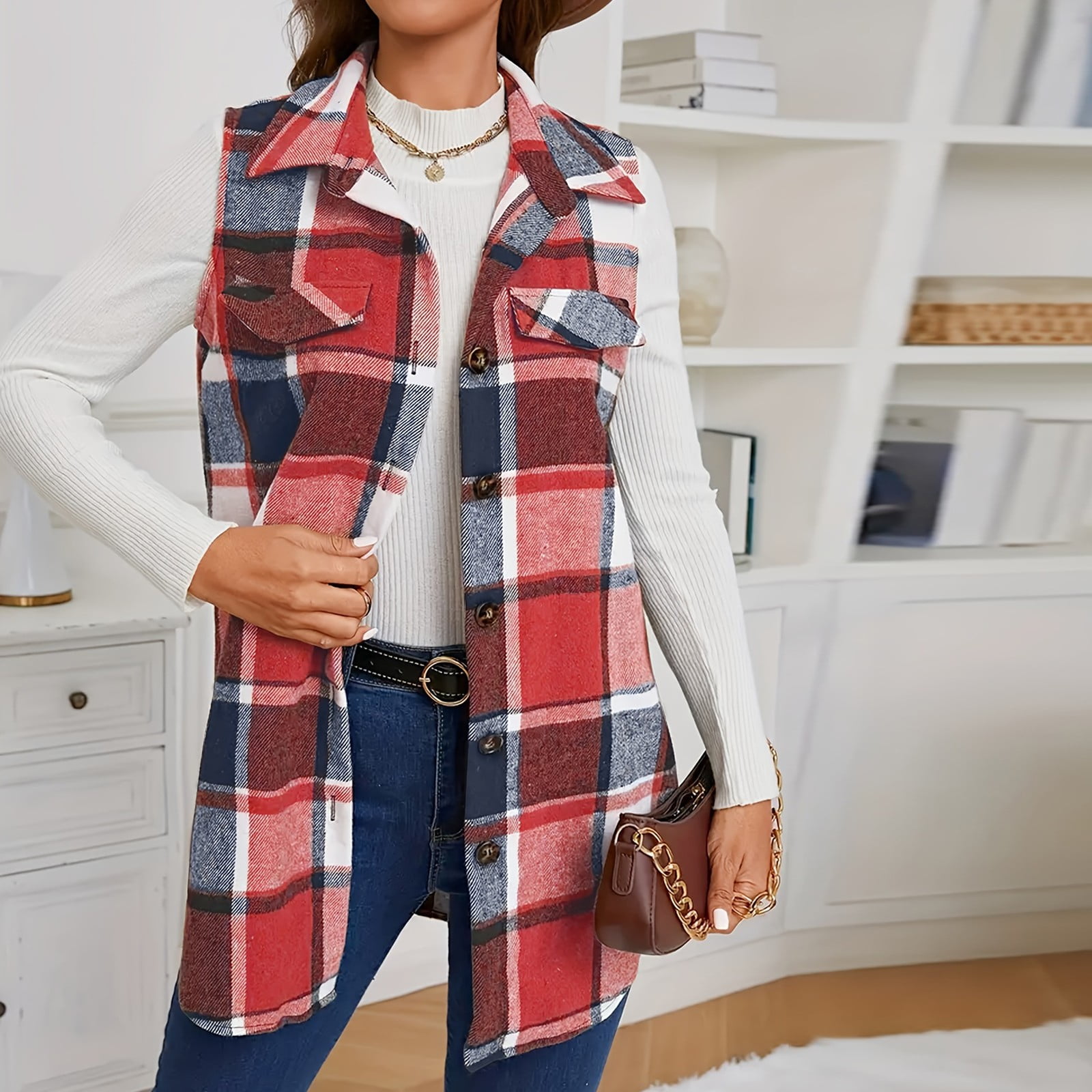 CCRFTGI Womens Vest Flannel Buffalo Plaid Blazer Vest Casual Lapel ...