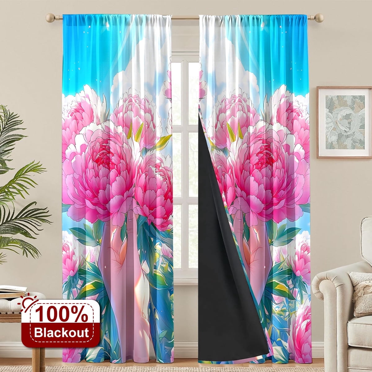 CCTFS 2PCS Curtains Pink peony in spring Privacy Light Blocking Curtain ...
