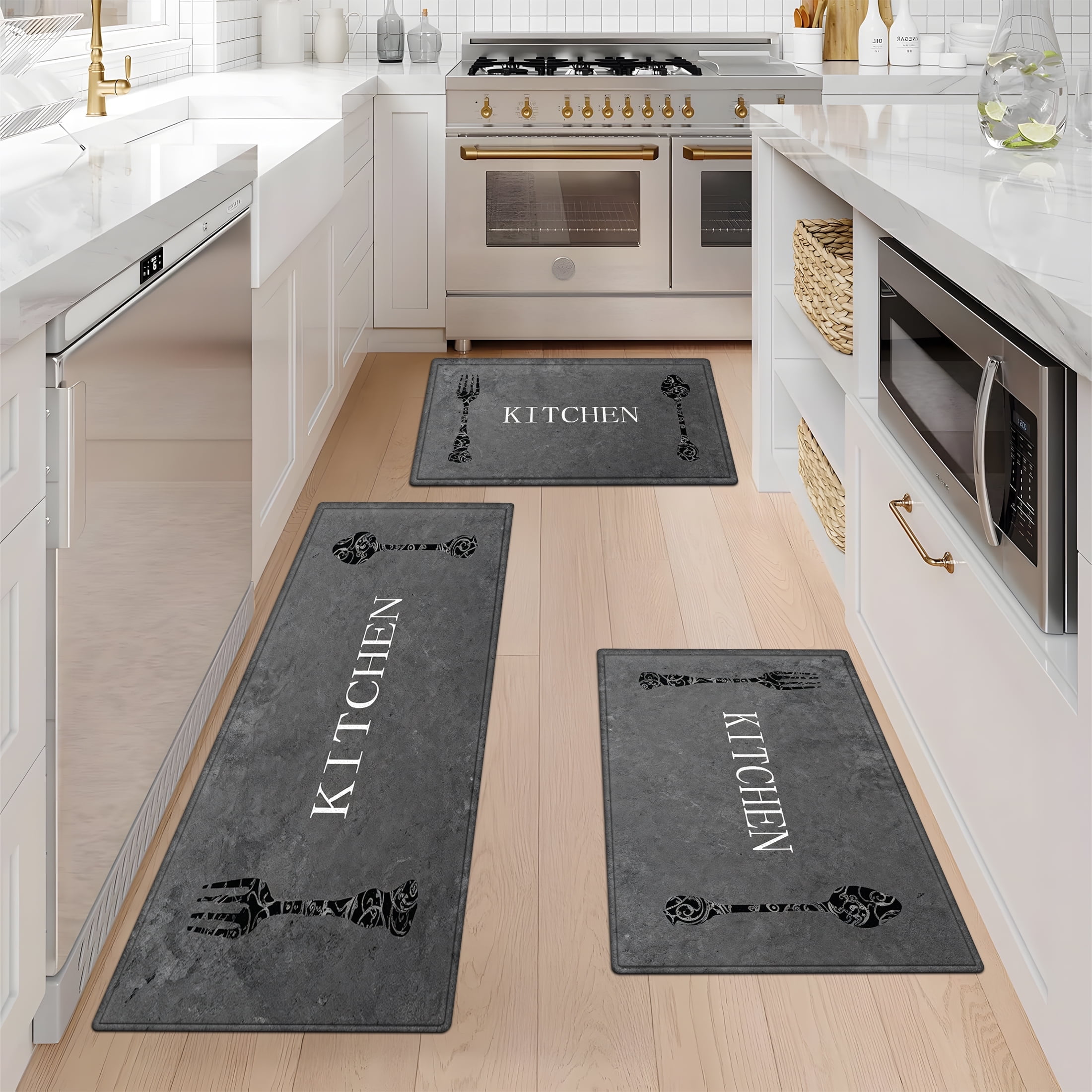 CCTFS Kitchen cutlery grey background Fall Kitchen Mats Set of 3,Xmas ...