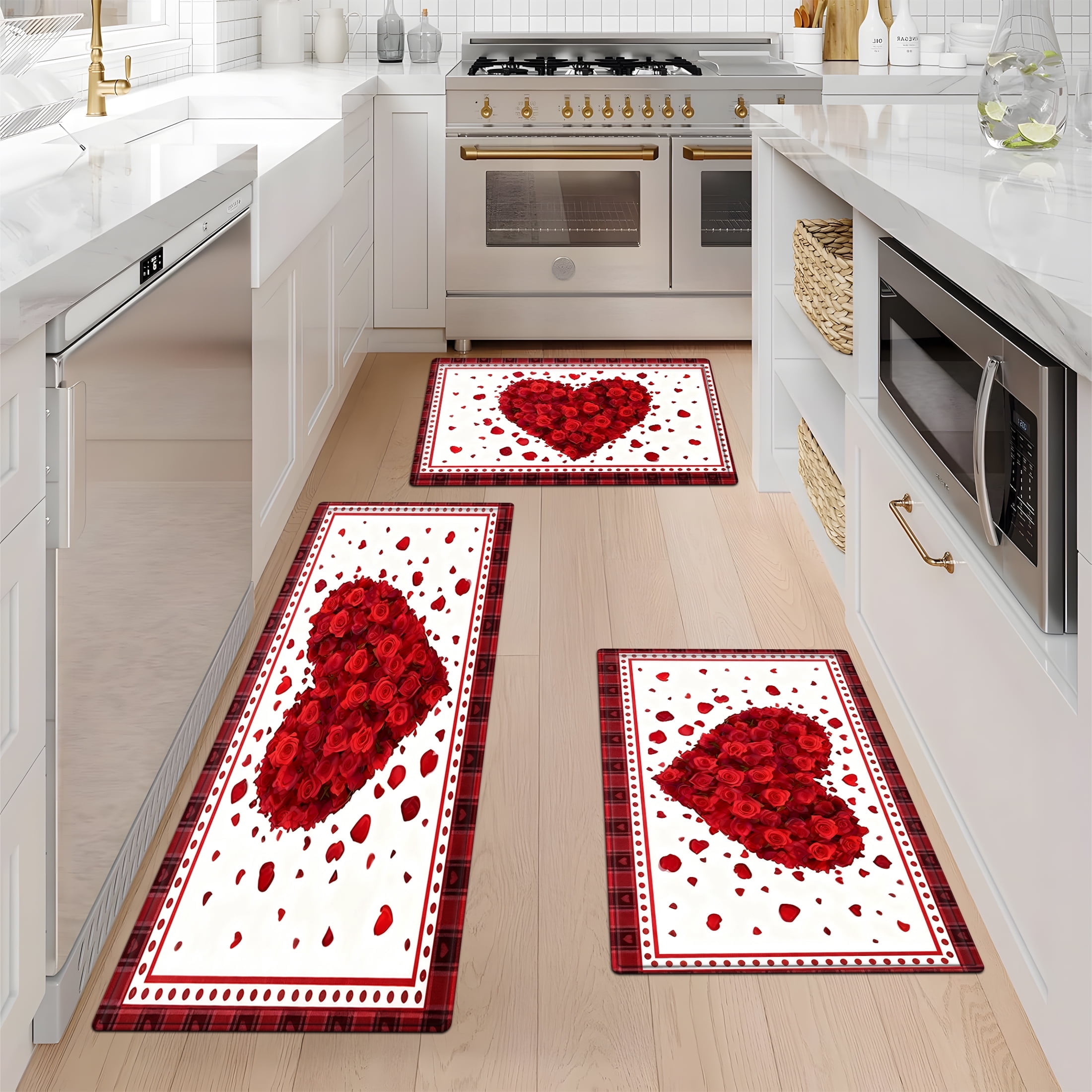 CCTFS Valentine's Day Rose Heart Fall Kitchen Mats Set of 3,Xmas Winter ...