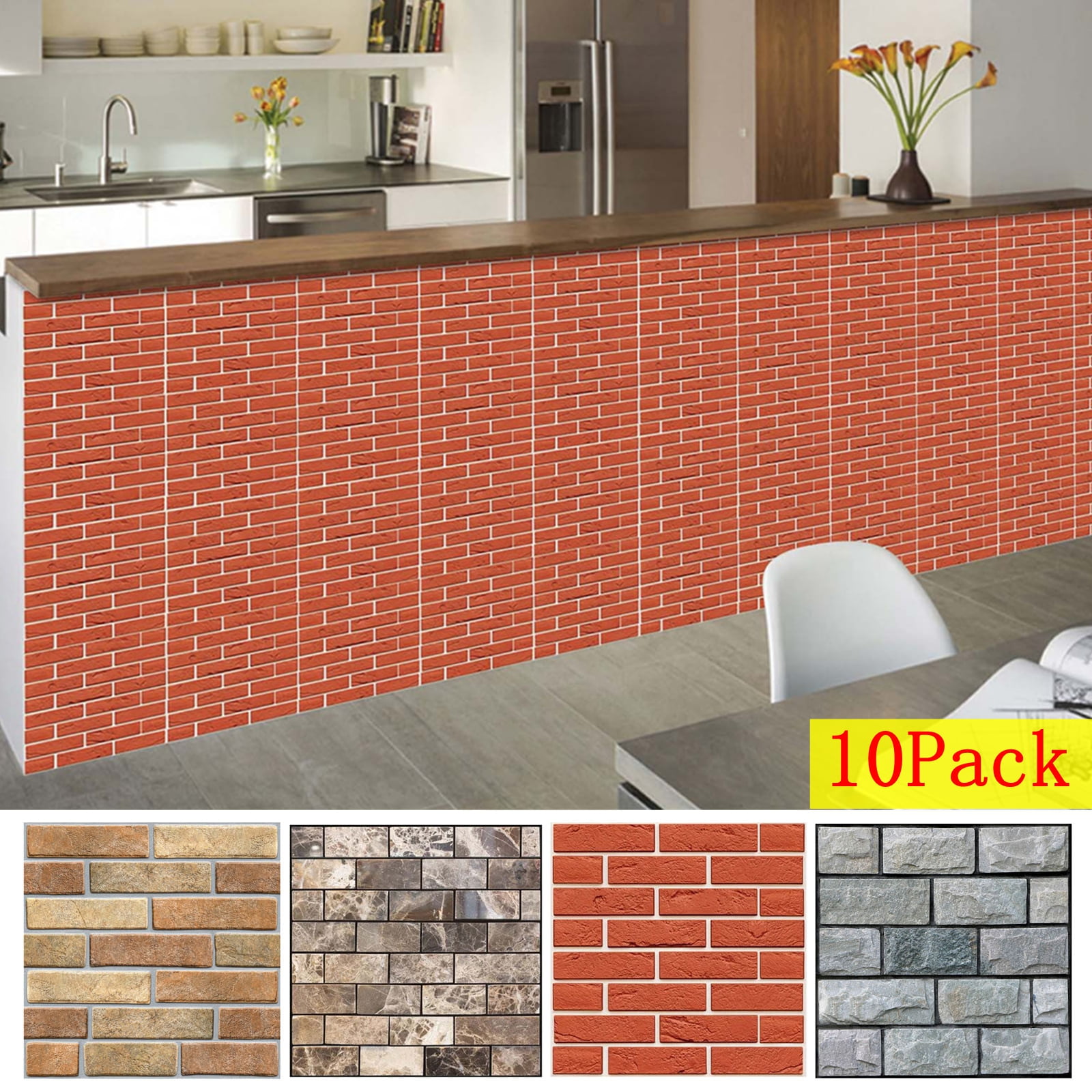 CCWADH 10-Pack Brick Wallpaper Peel and Stick Wall Stickers for Bedroom ...